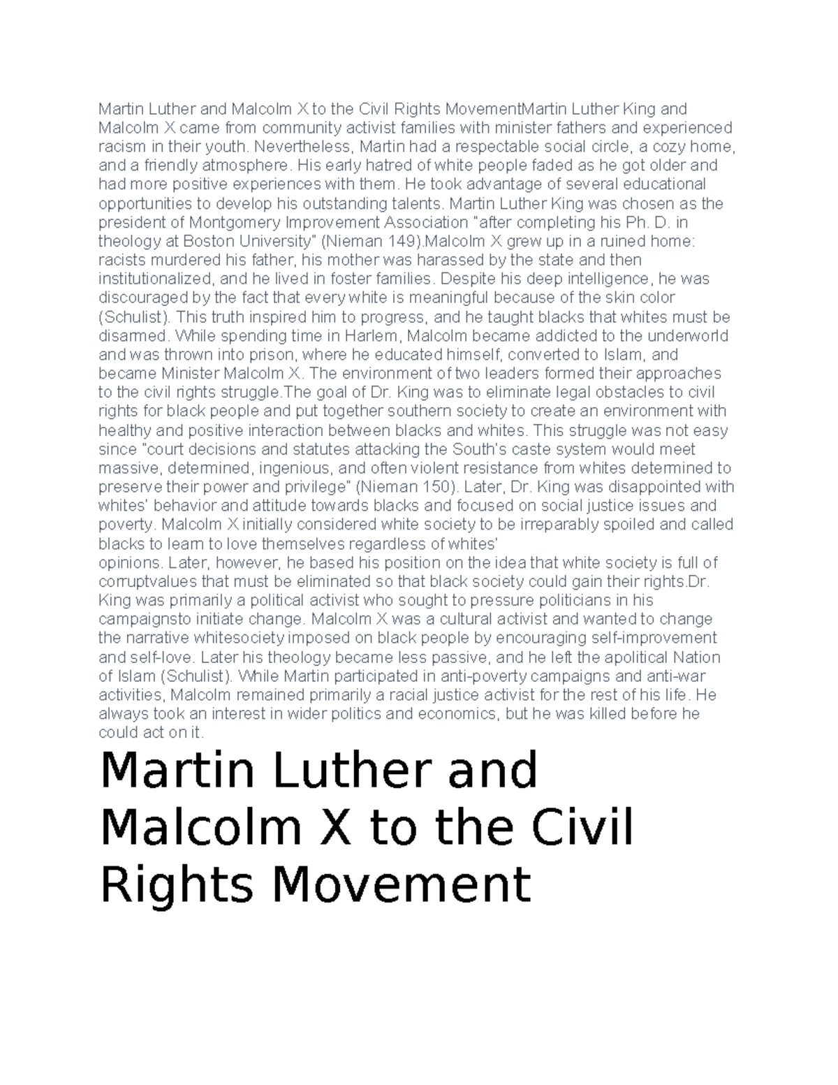 Martin Luther and Malcolm X to the Civil Rights Movement Martin Luther ...