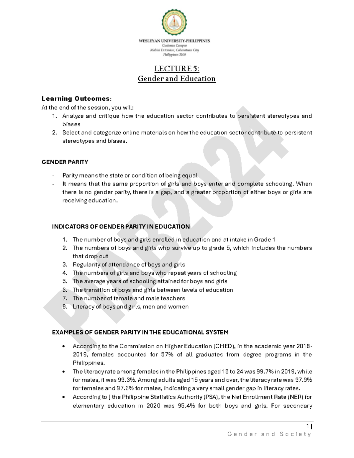 GEE3 Lecture 5 - Gender and Society - 1 | G e n d e r a n d S o c i e t y LECTURE 5: Gender and ...