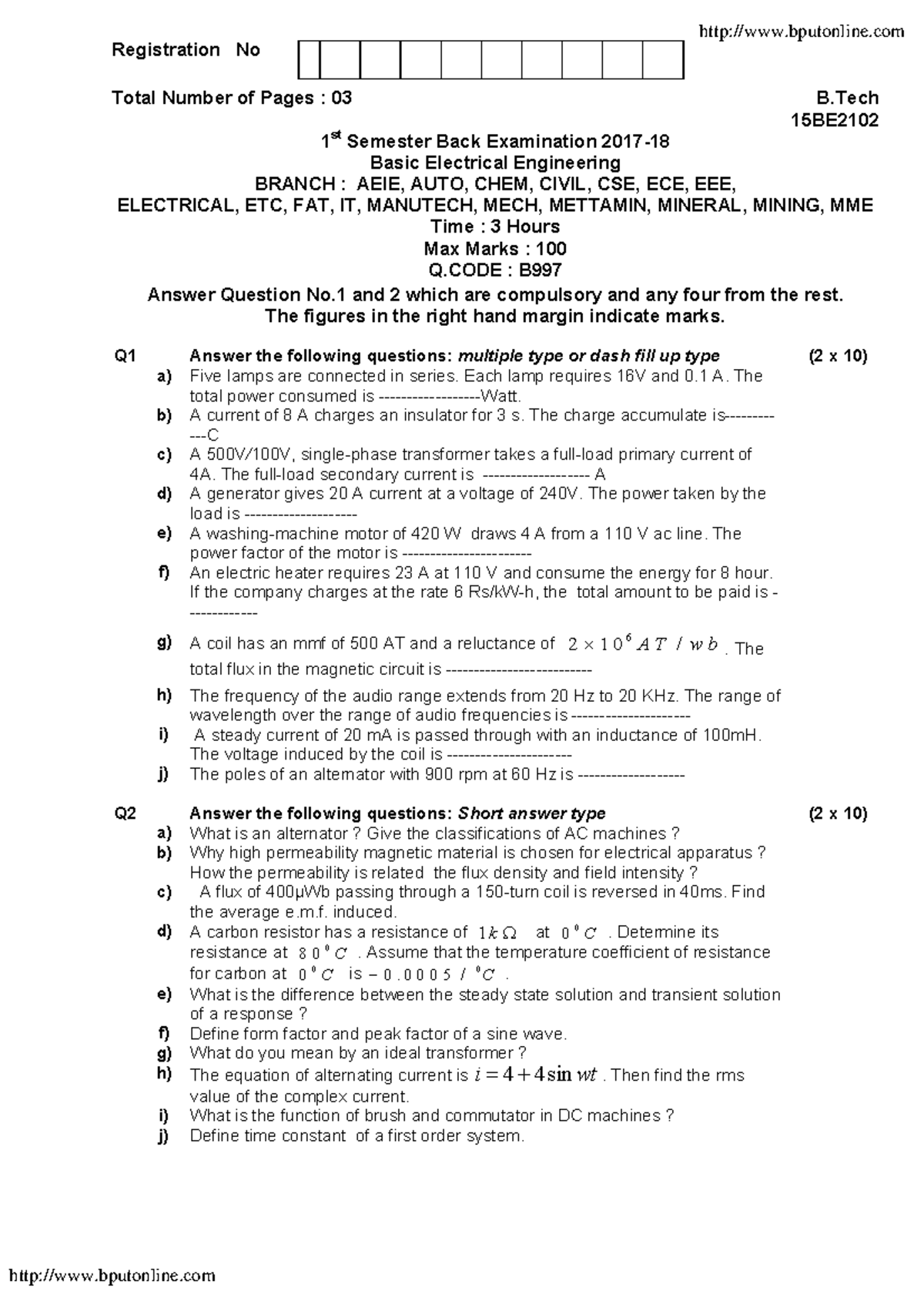 Btech 1 Sem Basic Electrical Engineering 15be2102 2018 Registration No Total Number Of Pages 
