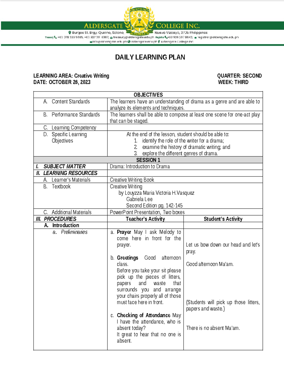 Introduction-to-drama session 1 - DAILY LEARNING PLAN LEARNING AREA ...