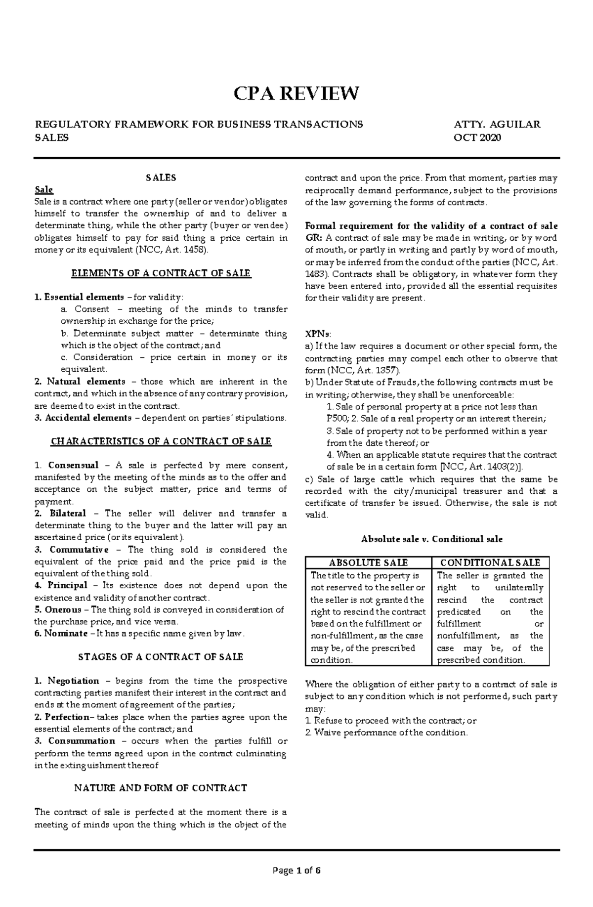 Sales - CPA Review - Part 1 - CPA REVIEW REGULATORY FRAMEWORK FOR ...
