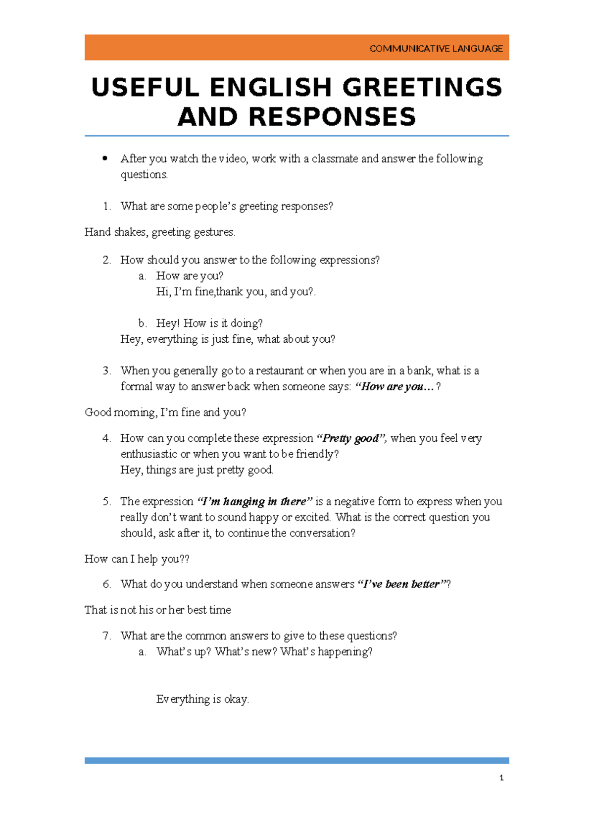 Useful English Greetings and Responses Review Questions - COMMUNICATIVE ...