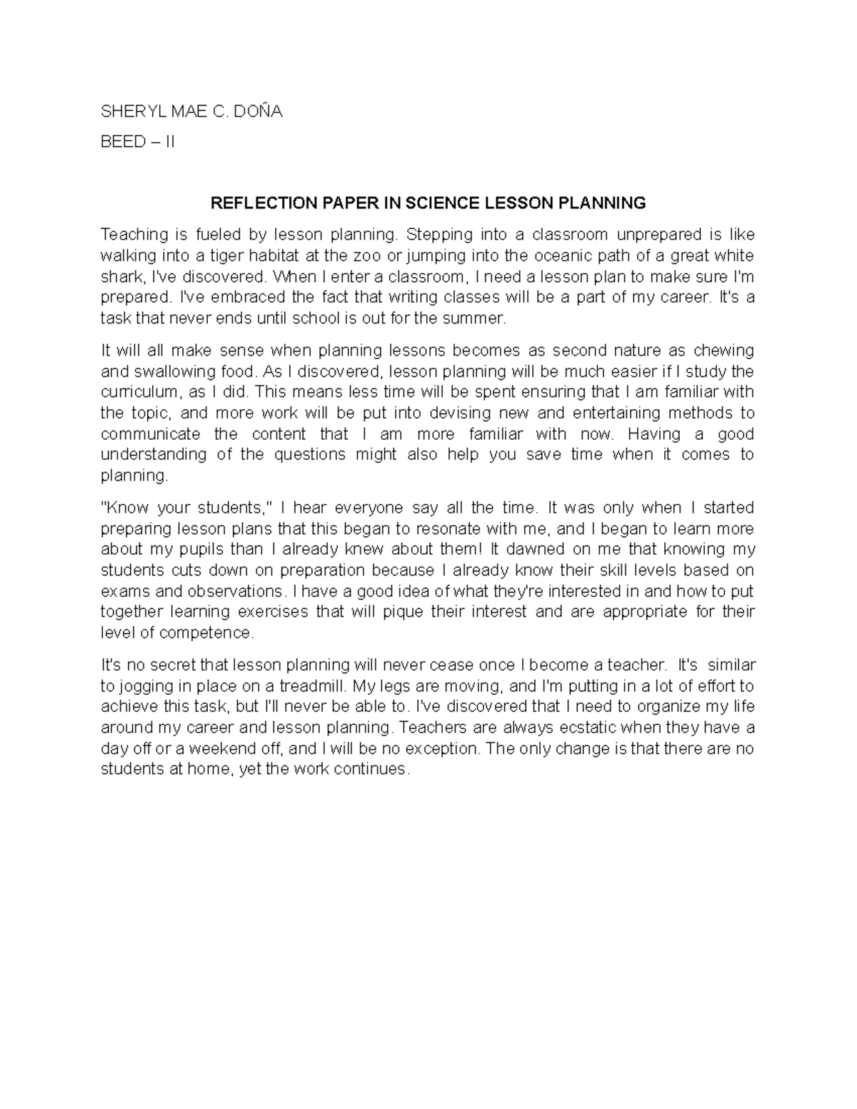 Reflection Paper IN Science Lesson Planning - SHERYL MAE C. DOÑA BEED ...