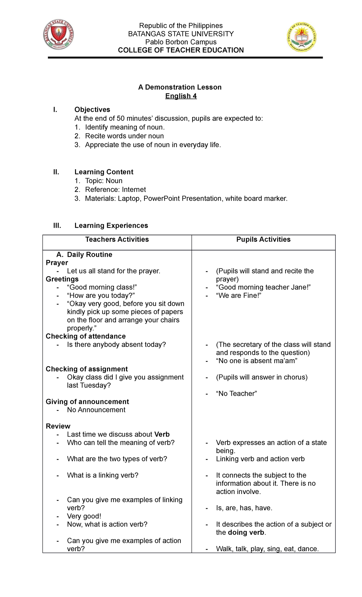Lesson PLAN Long - Republic of the Philippines BATANGAS STATE ...