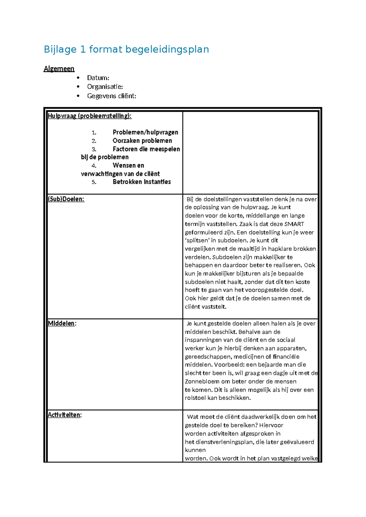 Begeleidingsplan - Bijlage 1 format begeleidingsplan Algemeen Datum ...