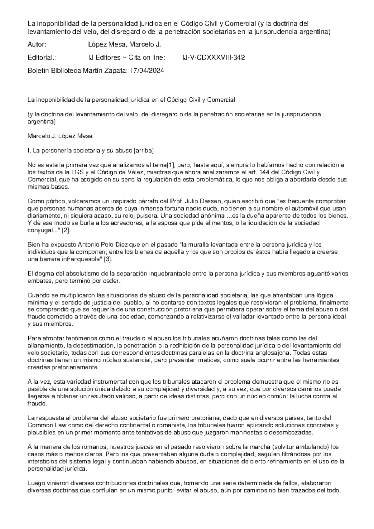 La inoponibilidad de la personalidad jurídica en el Código Civil y ...