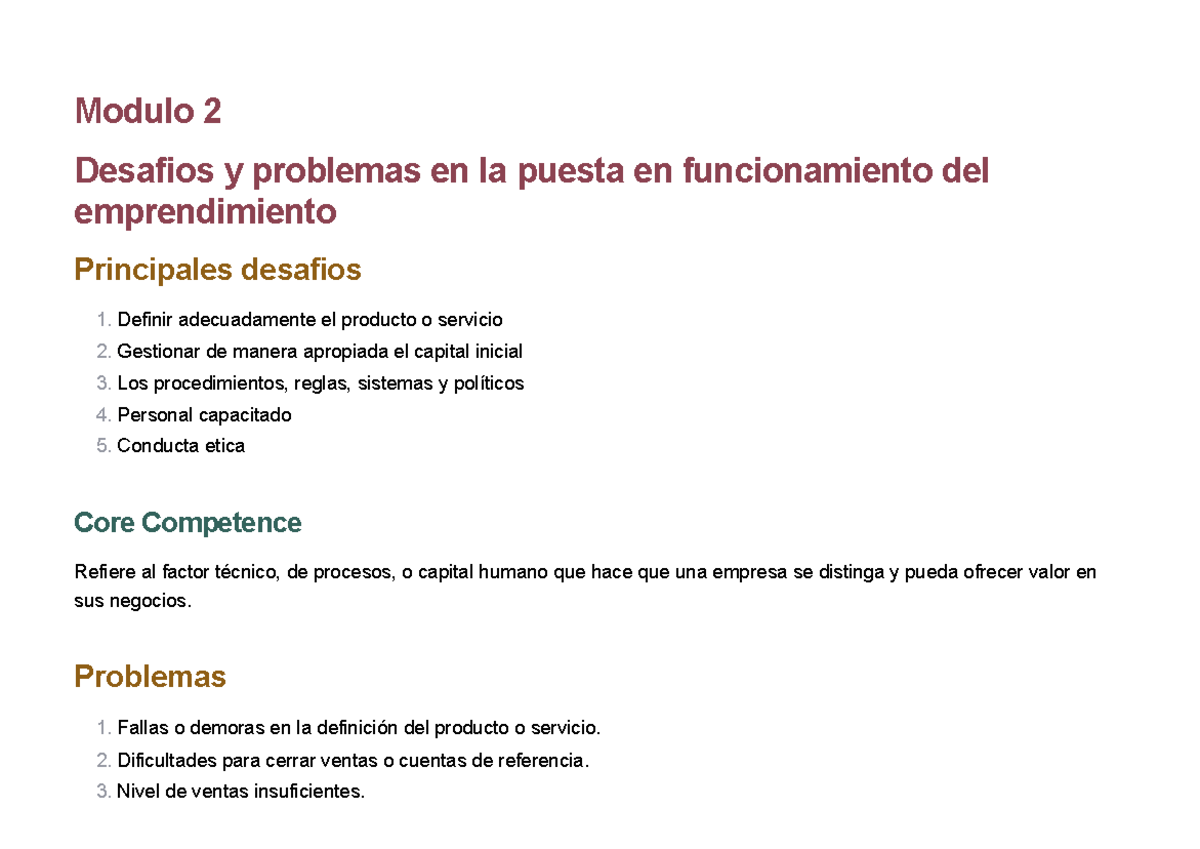 Desarrollo emprendedor - Resumen M2 - Modulo 2 Desafios y problemas en la puesta en ...