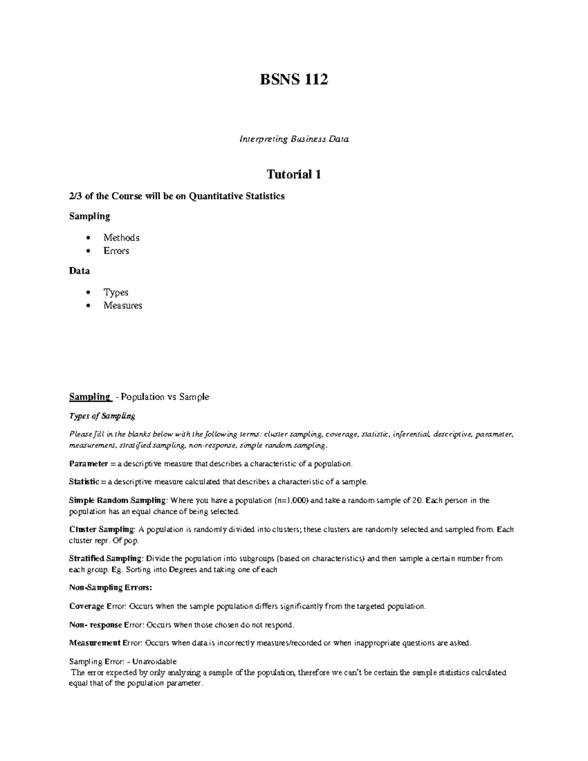 BSNS112 Lecture and Tutorial Extra Questions - BSNS 112 Interpreting Business Data Tutorial 1 2/ ...