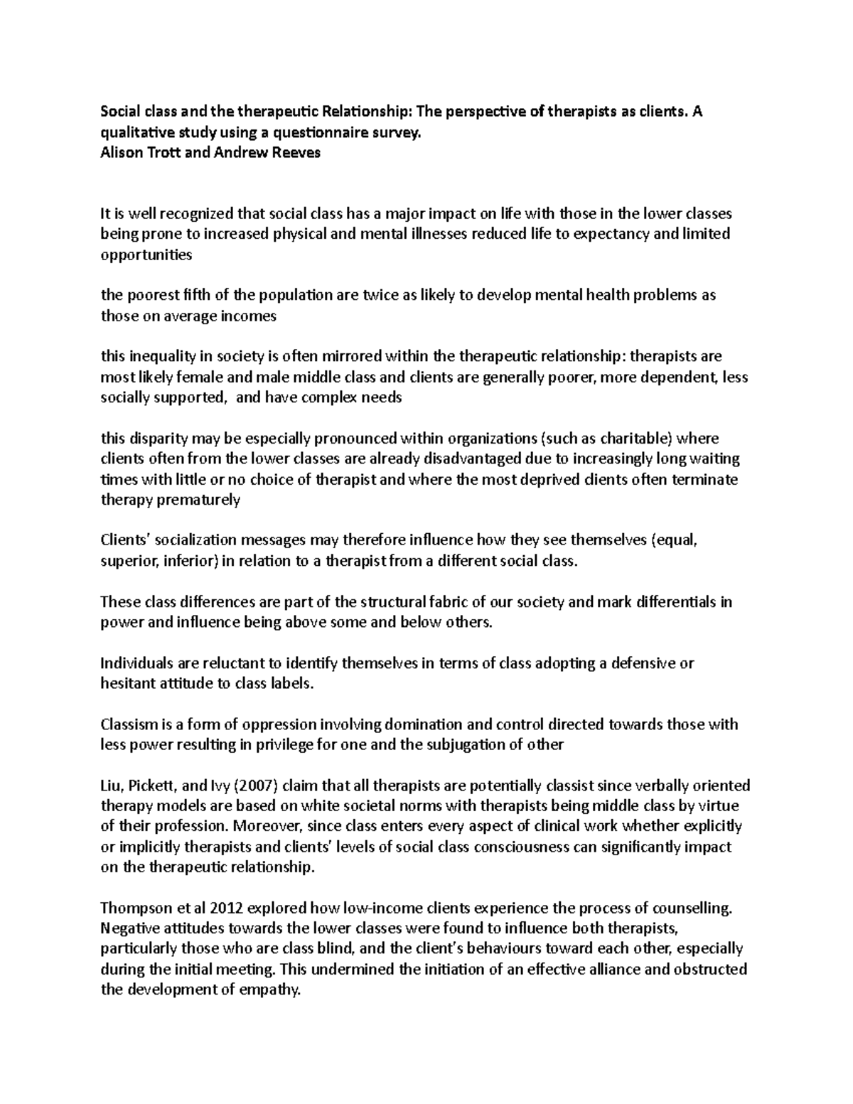 Social class and the therapeutic Relationship - A qualitative study ...