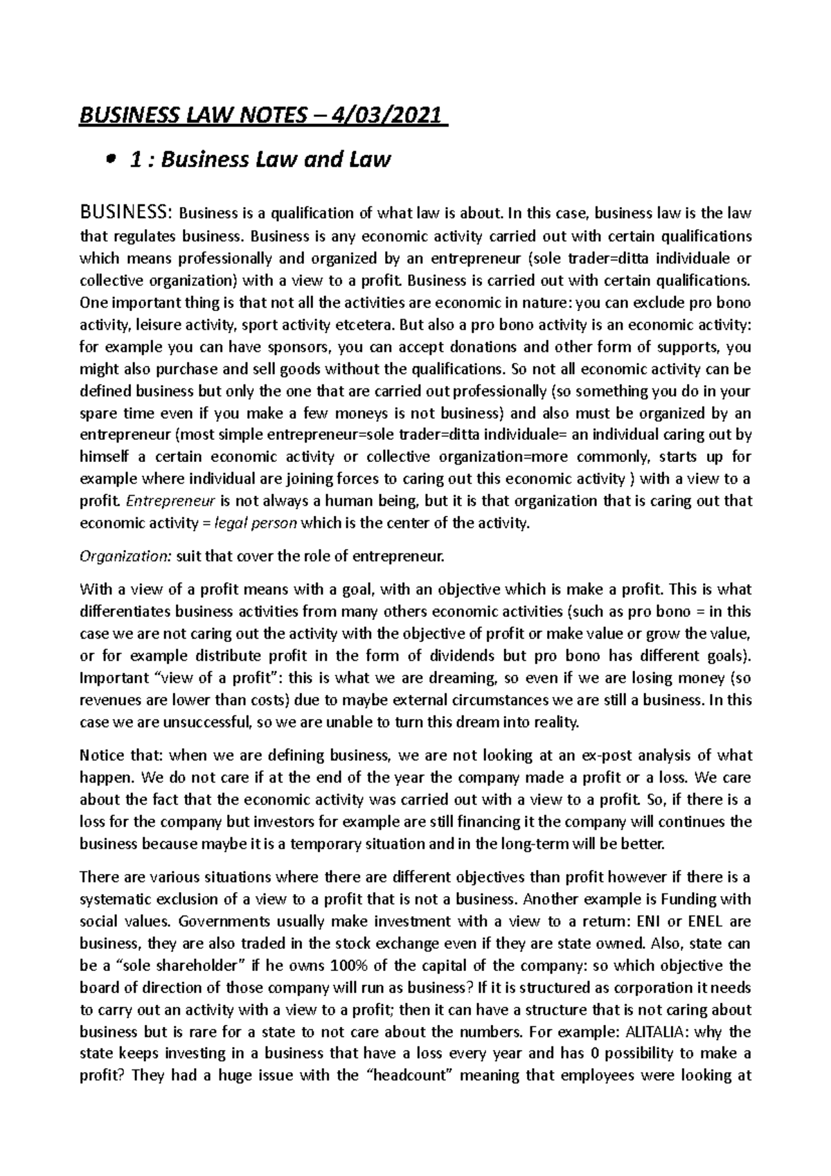 Business LAW Notes 1 - Appunti lezione - BUSINESS LAW NOTES – 4/03/ 1 ...