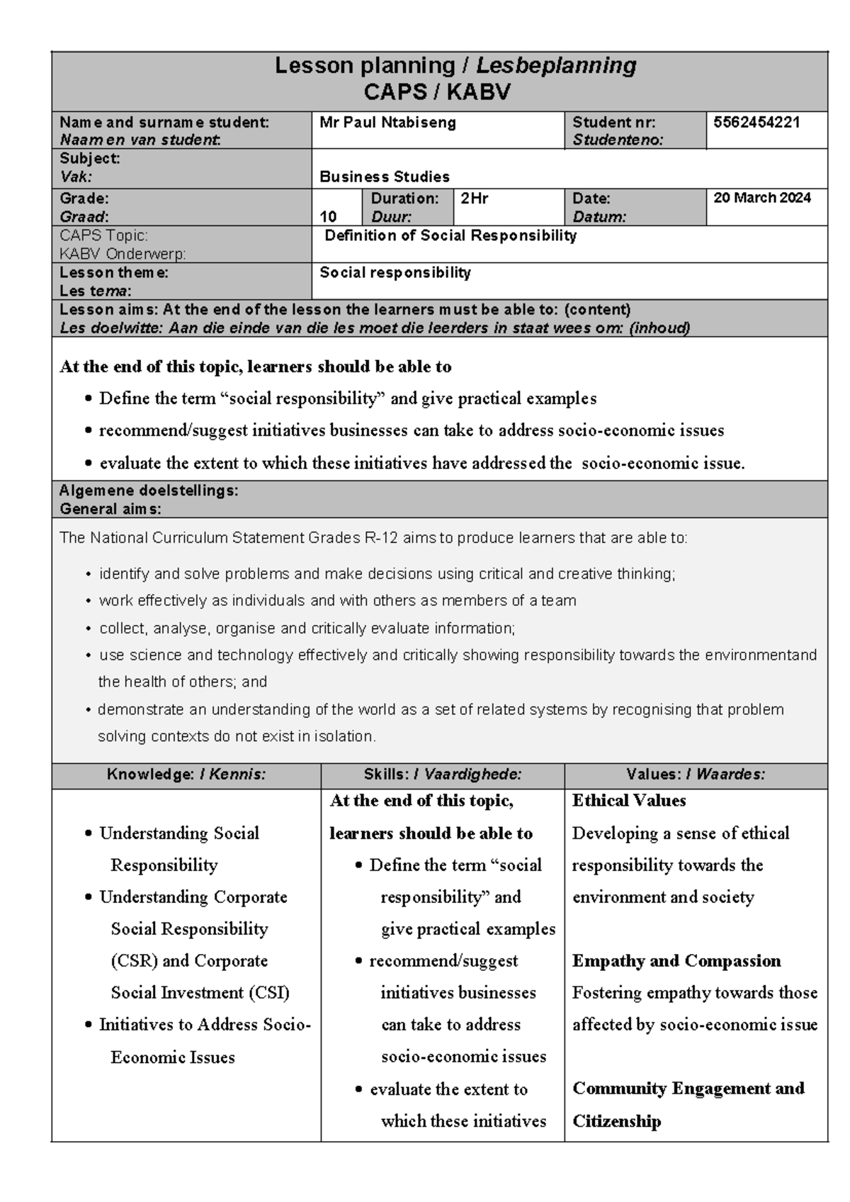 Lesson PLAN Template Populated - Lesson planning / Lesbeplanning CAPS ...