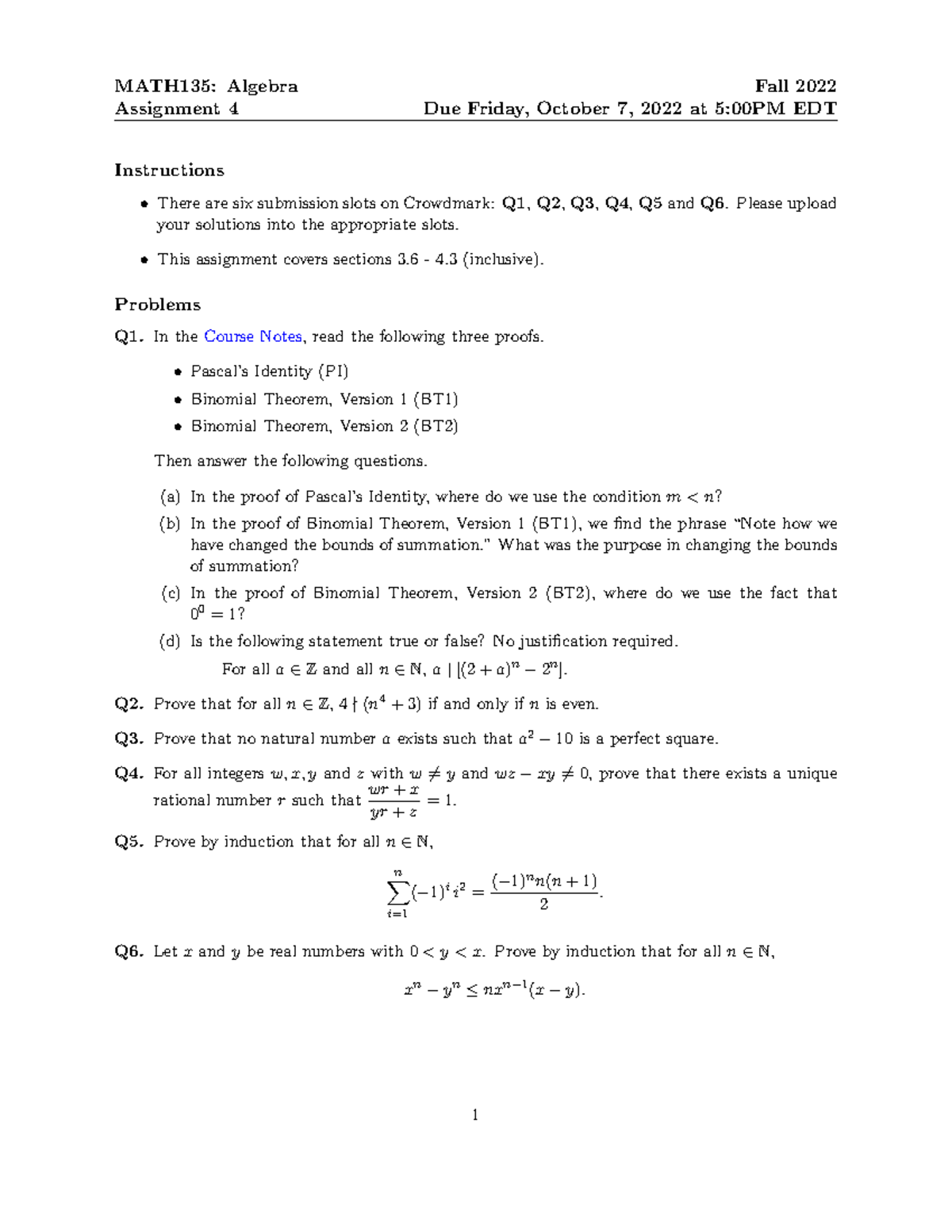 A4 - Assignment 4 - MATH135: Algebra Assignment 4 Fall 2022 Due Friday ...