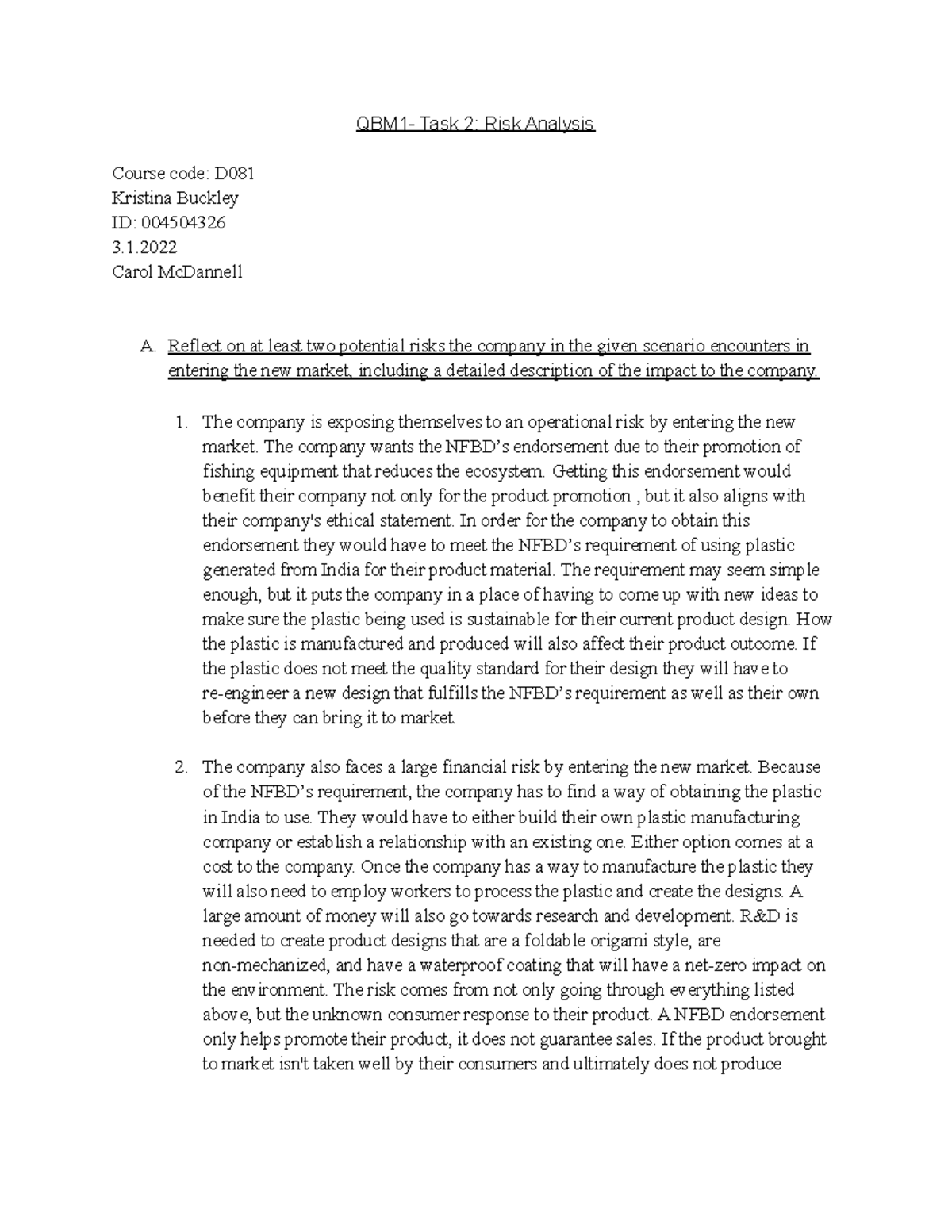 QBM1- Task 2 Risk Analysis - QBM1- Task 2: Risk Analysis Course code: D ...