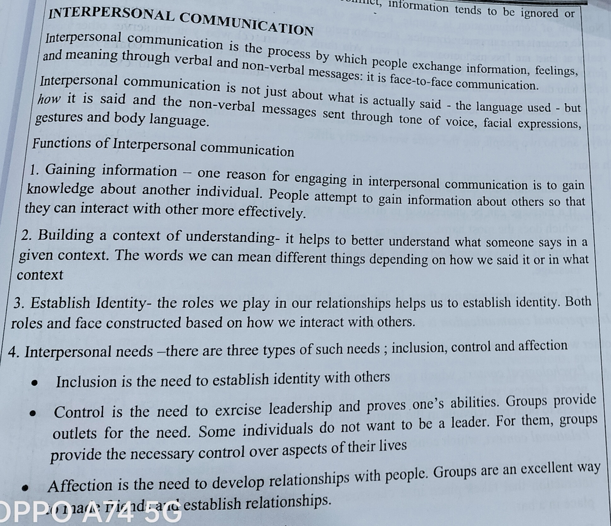 Short notes on interpersonal communication - M.Com - Studocu