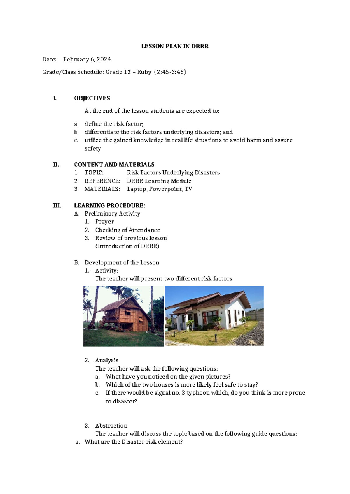 4A's Lesson Plan in DRRR - LESSON PLAN IN DRRR Date: February 6, 2024 ...