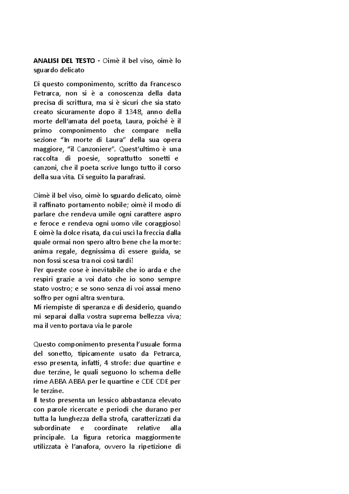 Analisi del testo di Petrarca - ANALISI DEL TESTO - Oimè il bel viso ...