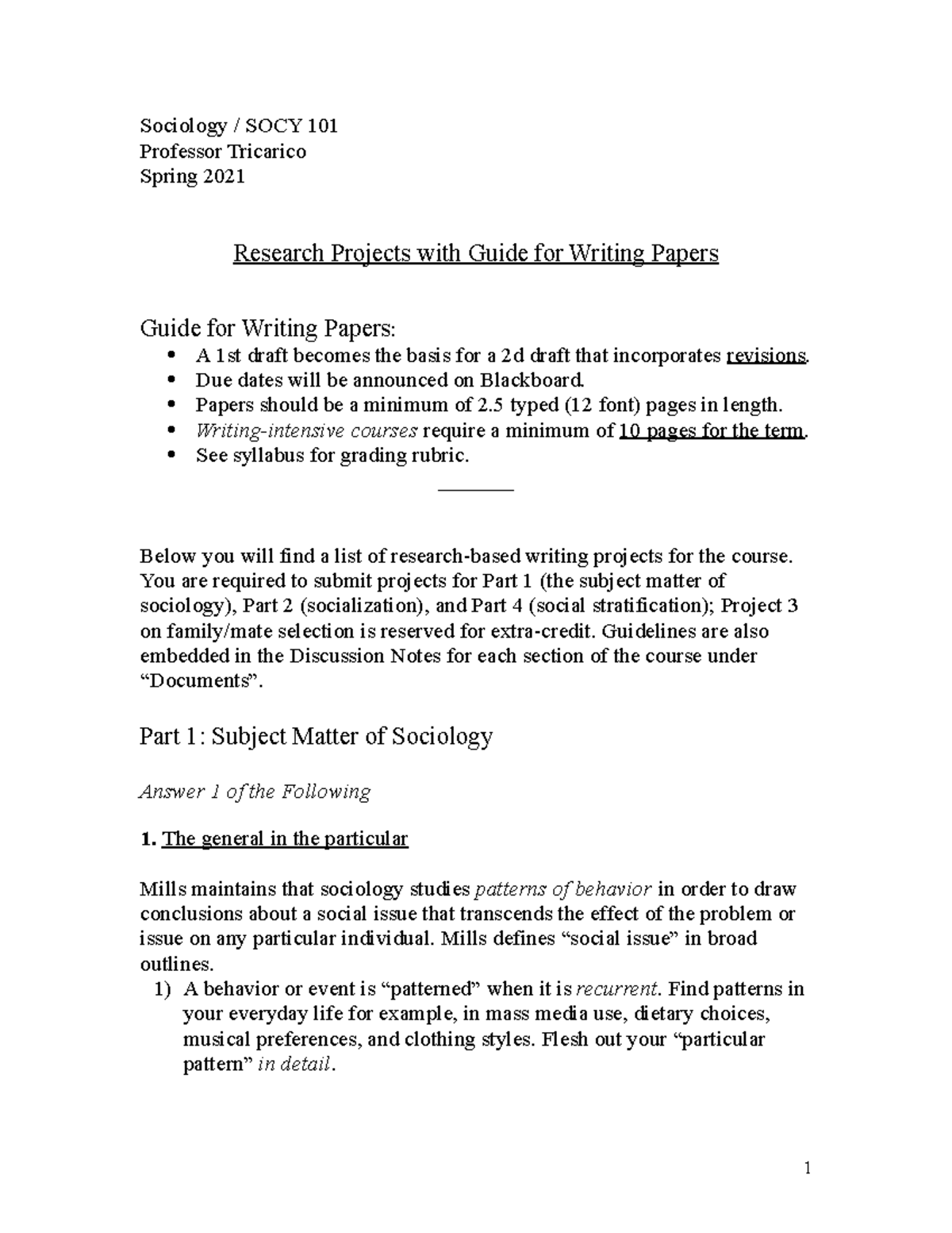 101 Assignments - Sociology SOCY 101 Professor Tricarico Spring 2021 ...