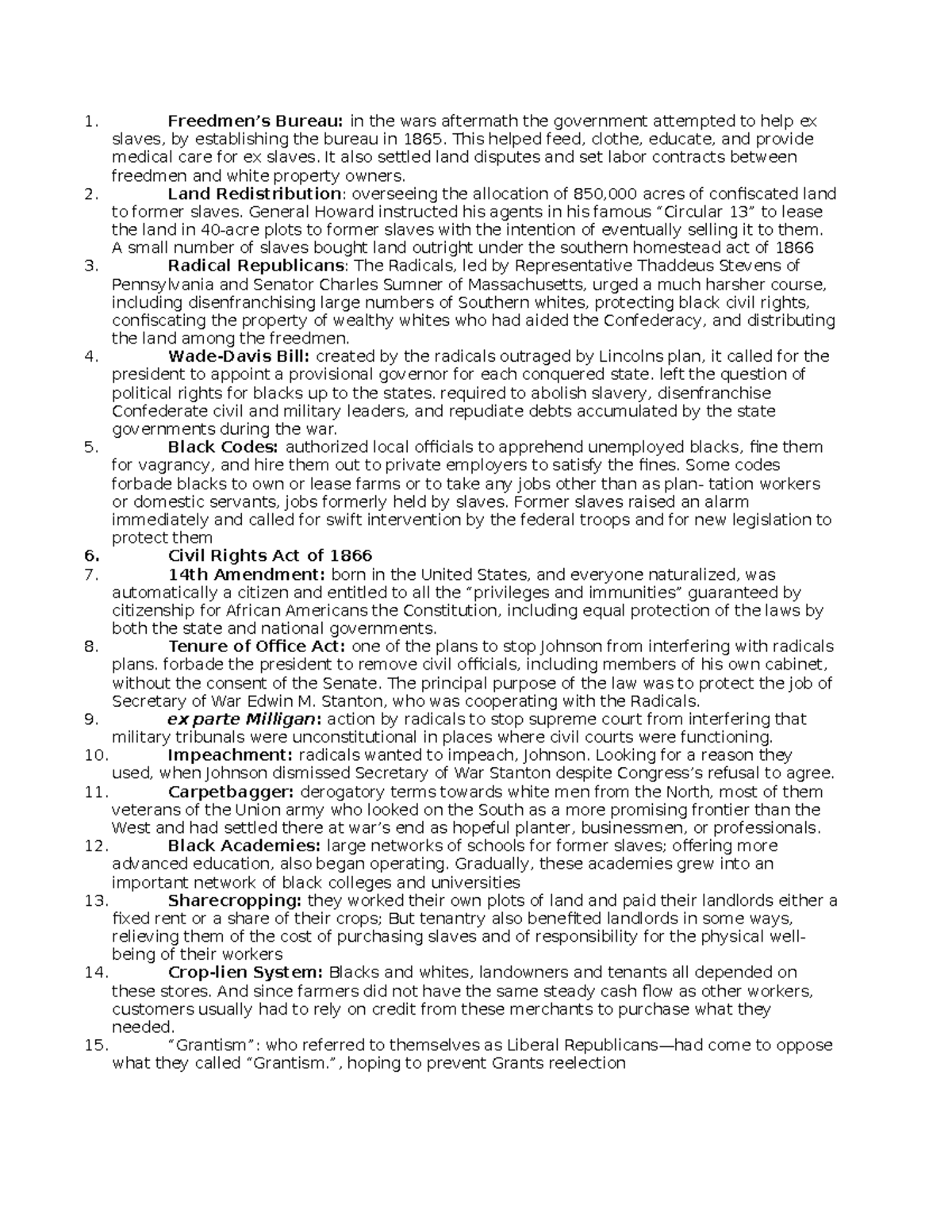 HY 104 quiz 1 - HY 104 quiz 1 - Freedmen’s Bureau: in the wars ...