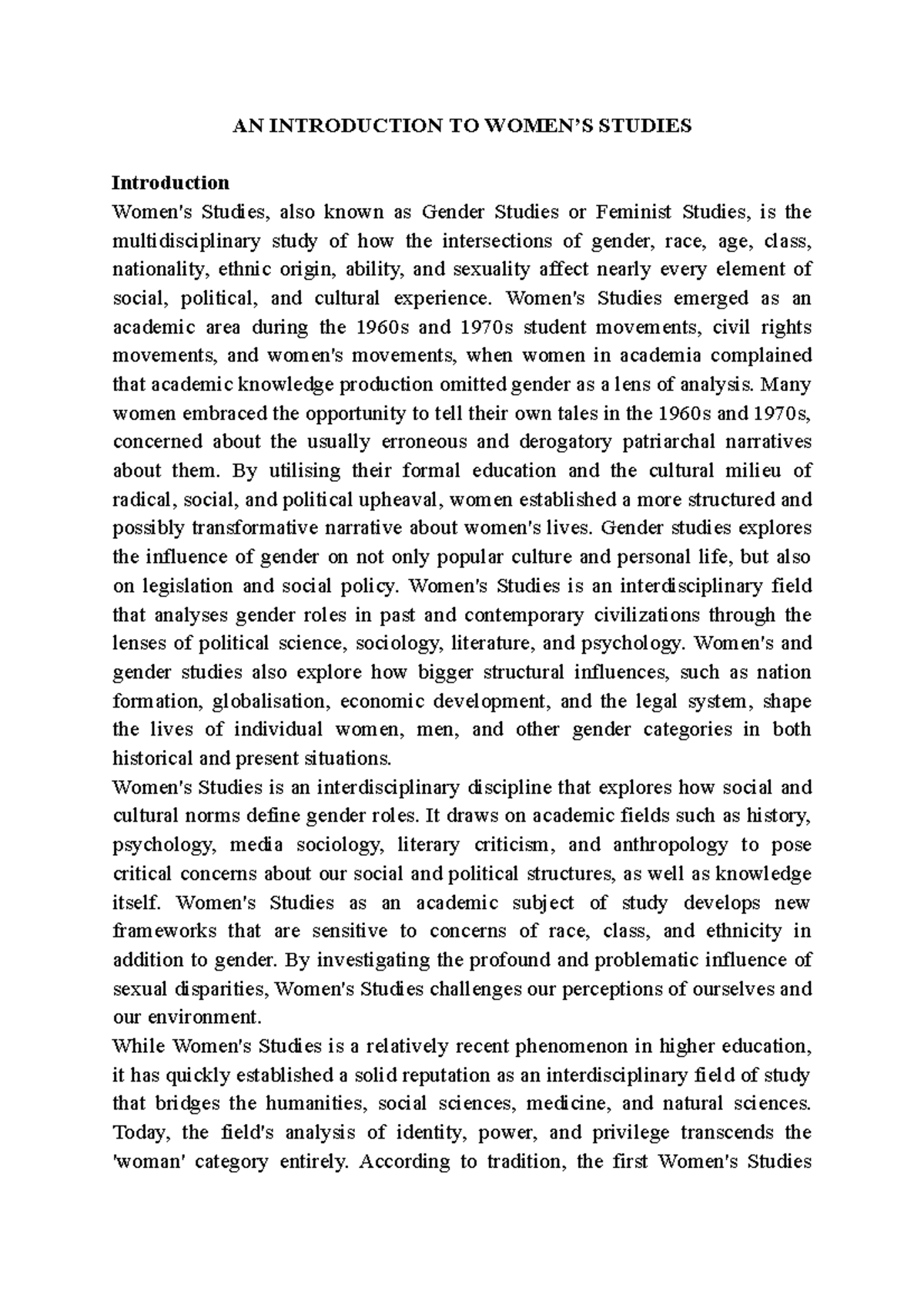 AN Introduction TO Women’S Studies - AN INTRODUCTION TO WOMEN’S STUDIES ...