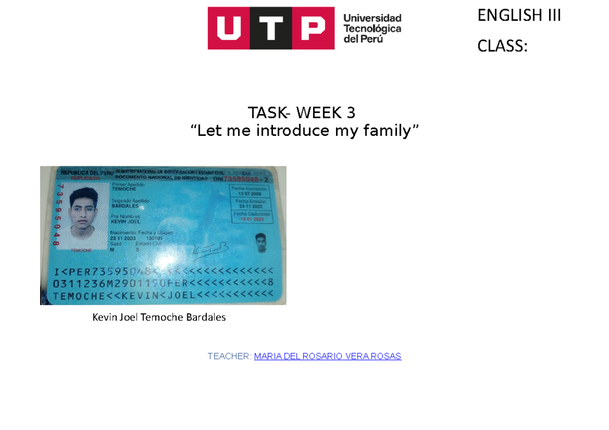 TASK-3 Ingles 3 - Zzzz - TASK- WEEK 3 “Let me introduce my family” TEACHER: MARIA DEL ROSARIO ...