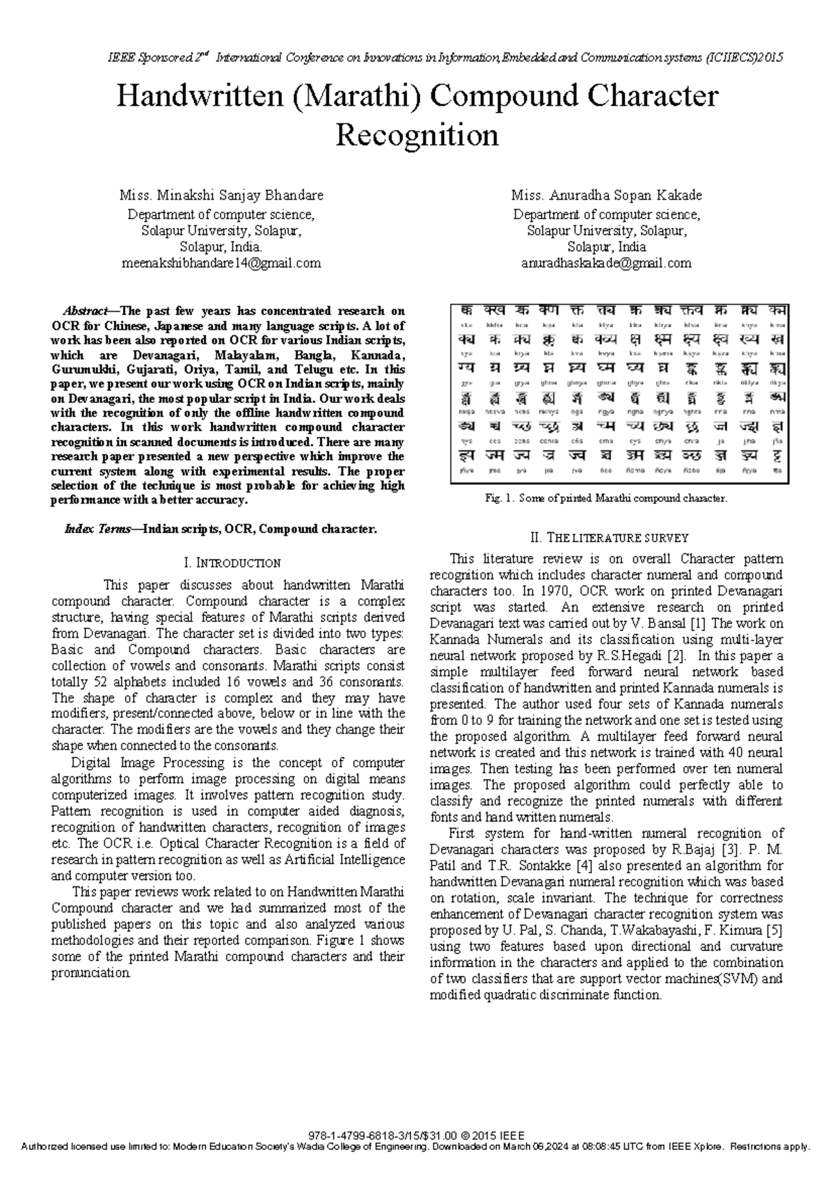 Handwritten Marathi Compound Character Recognition Handwritten Marathi Compound Character