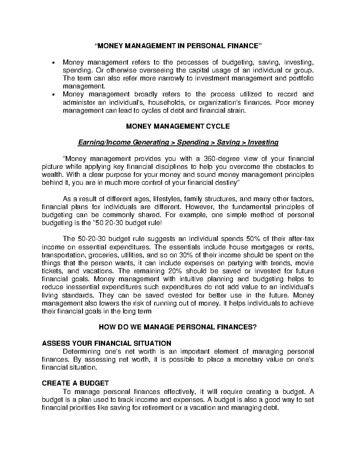 Money Management IN Personal Finance - “MONEY MANAGEMENT IN PERSONAL ...