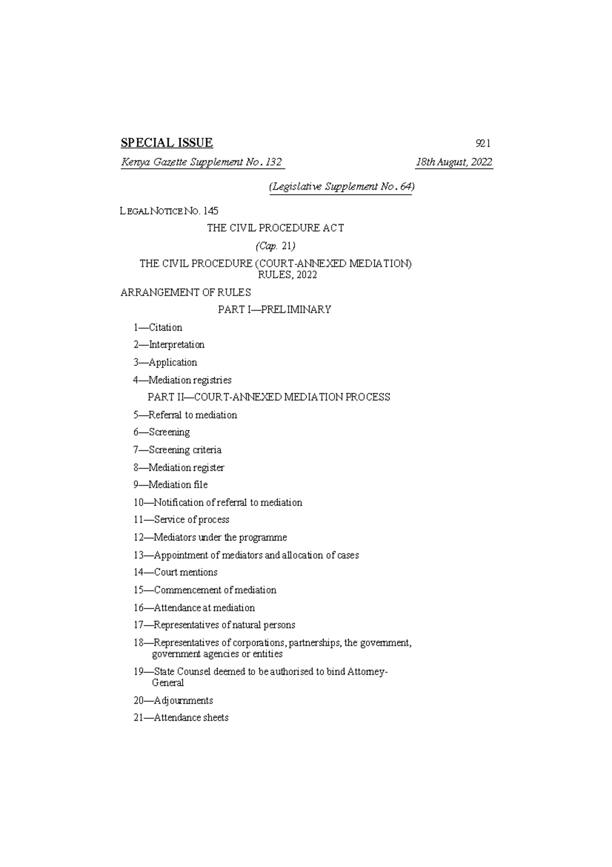L. N.—145 CPR Court Annexed Mediation Rules 2022 - SPECIAL ISSUE 921 Kenya Gazette Supplement No ...