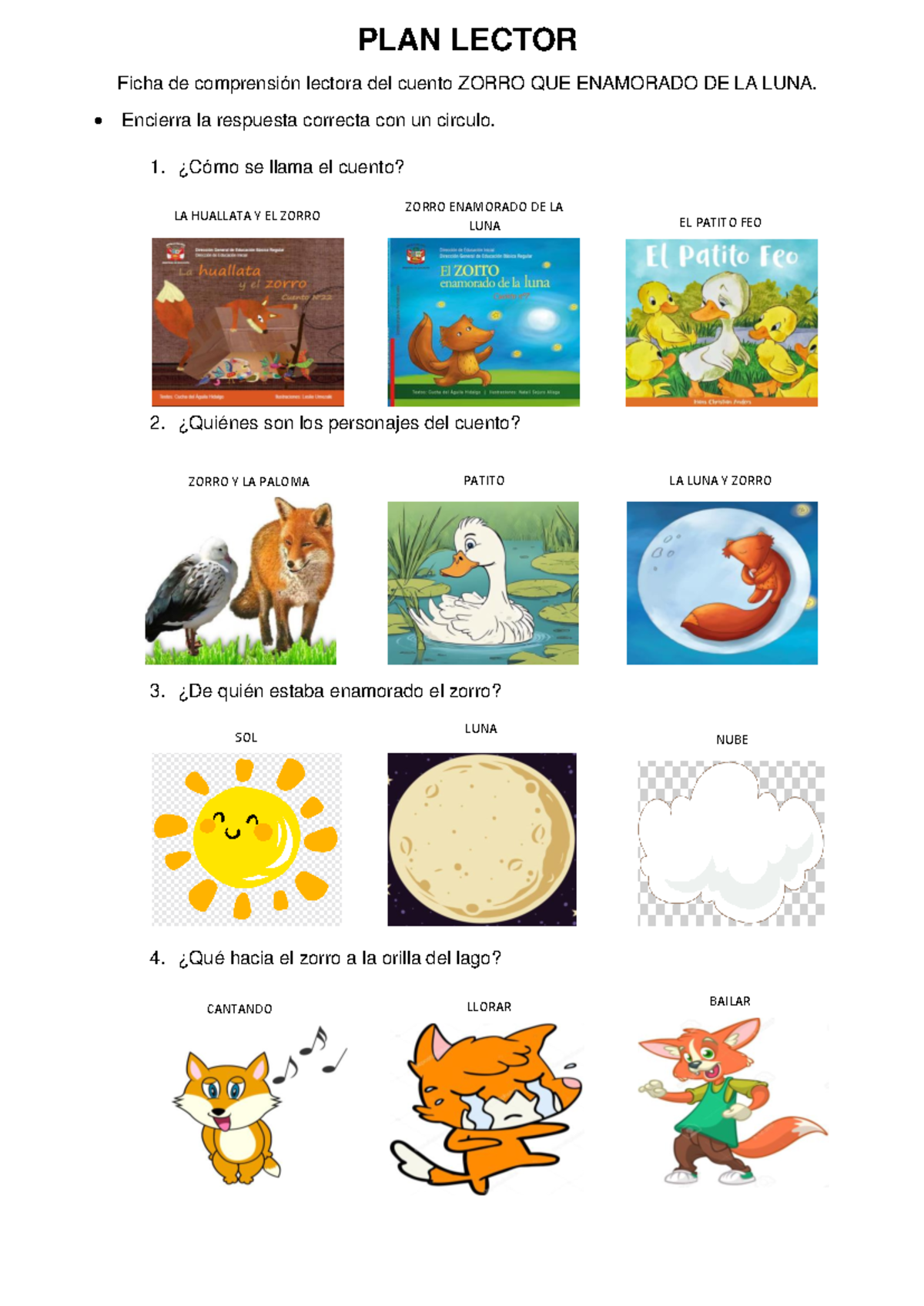 PLAN Lector Zorro Enamorado DE LA LUNA - PLAN LECTOR Ficha de comprensión lectora del cuento ...