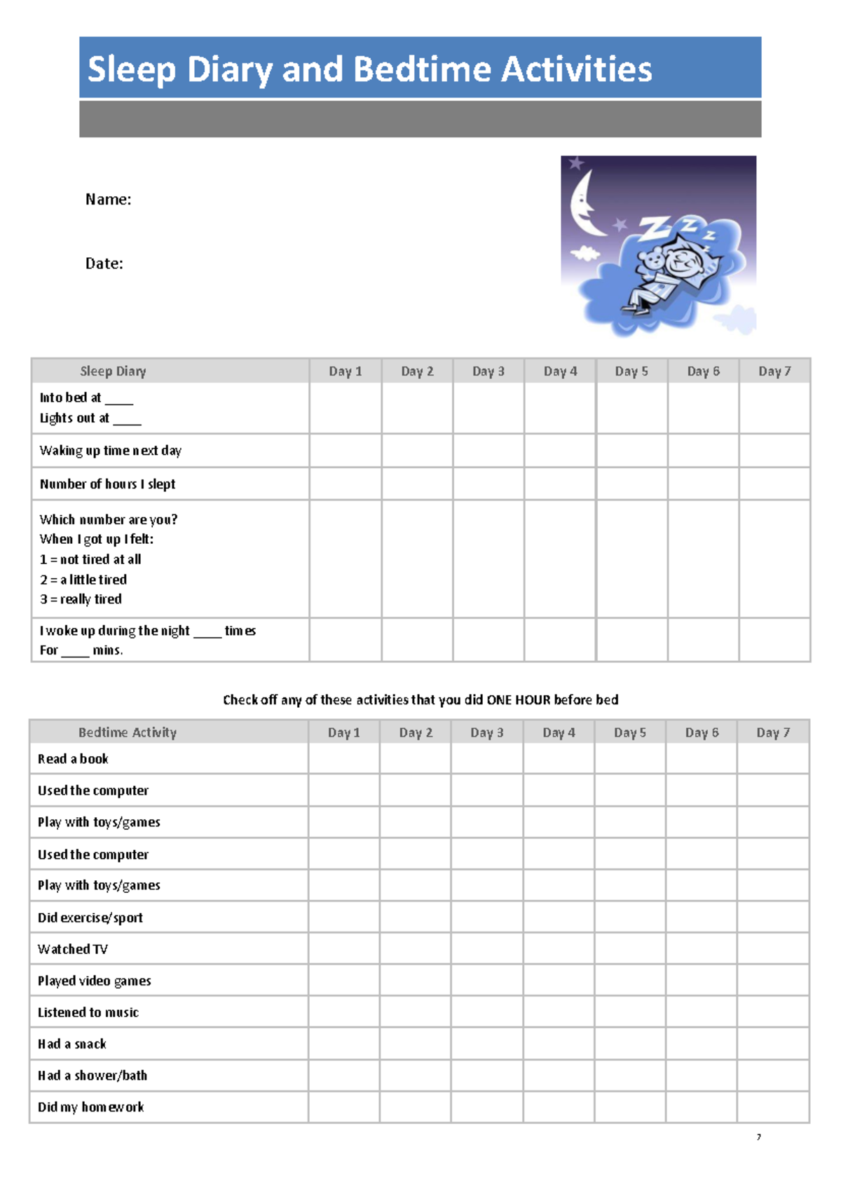 Child Sleep Diary - Room your self - 7 Sleep Diary and Bedtime ...