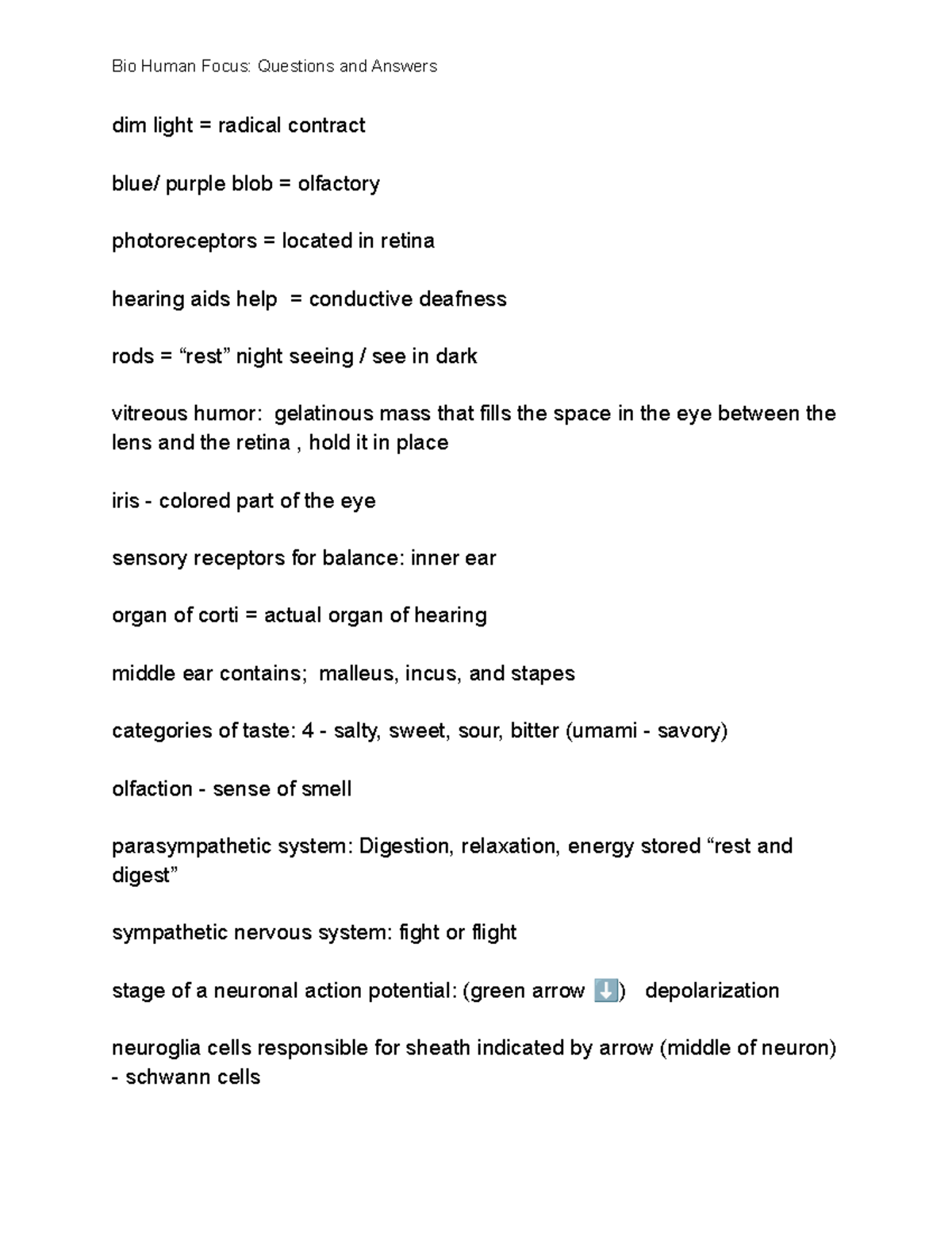 Bio Human Focus notes - These goes over questions/statements about ...