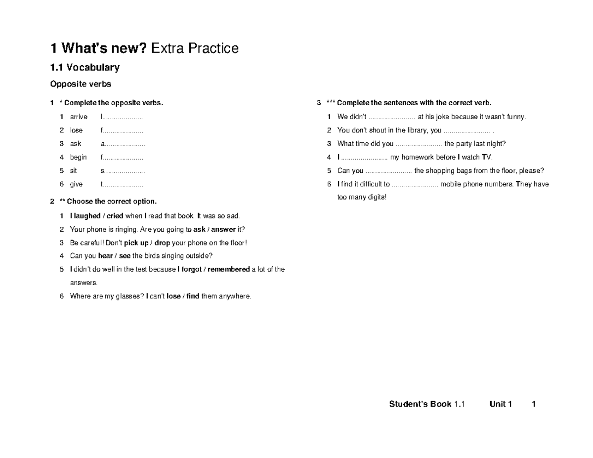 Mosaic TRD2 EP U1 - BOOK - 1 Vocabulary Opposite verbs 1 * Complete the ...