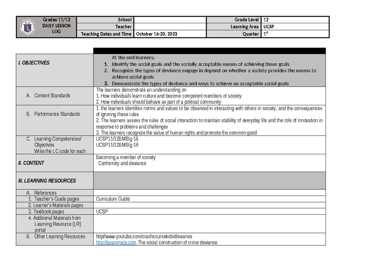 UCSP Daily lesson log - Grades 11/ DAILY LESSON LOG School Grade Level ...