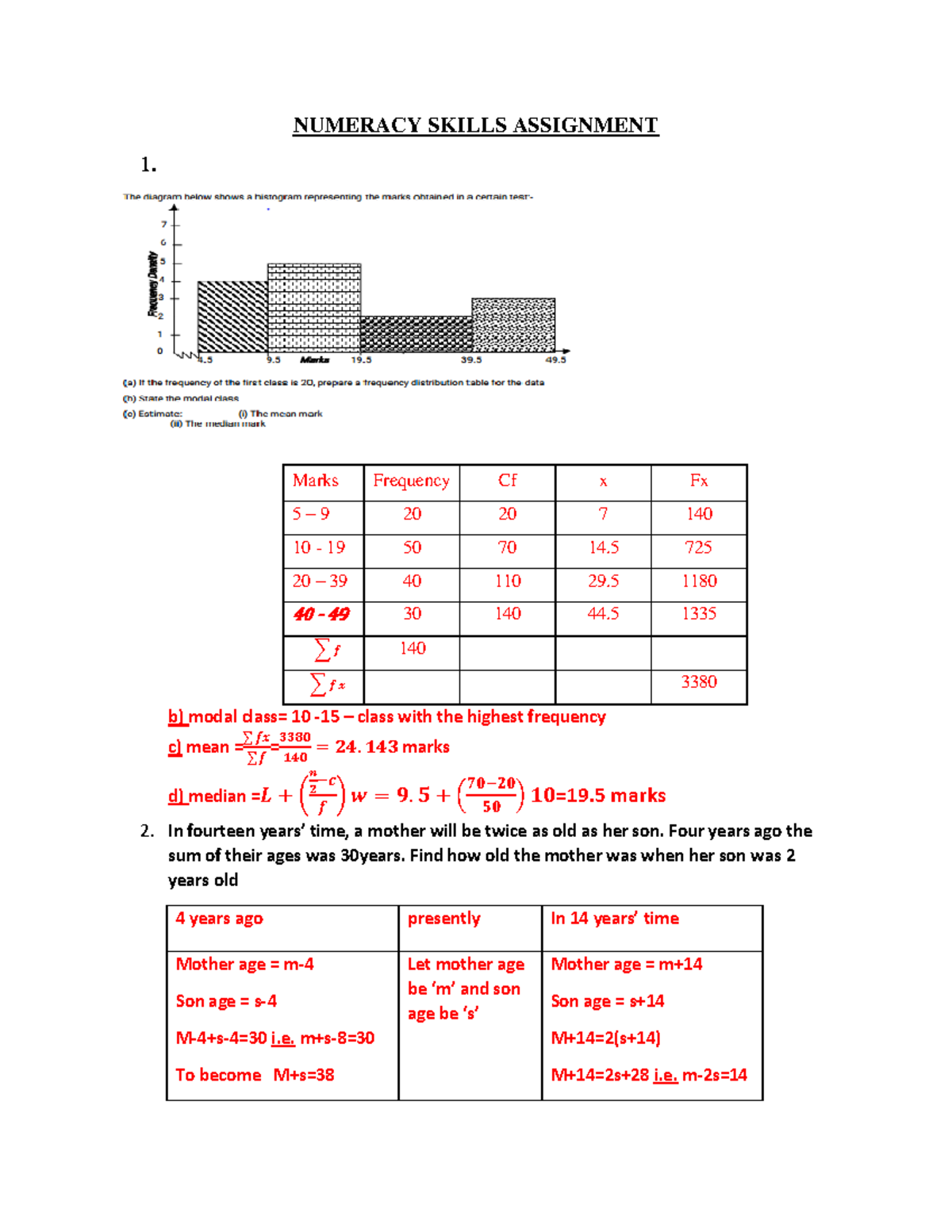 Numeracy assignment MS - NUMERACY SKILLS ASSIGNMENT 1. Marks Frequency ...