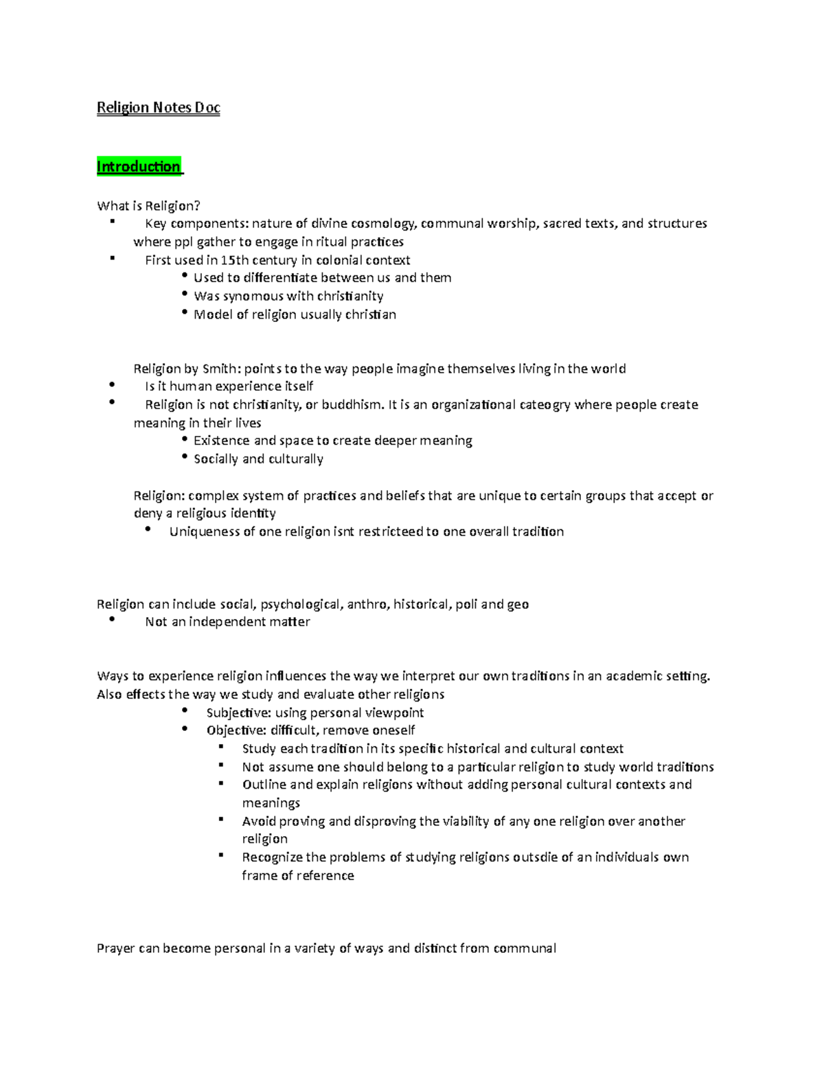 Religion Notes Doc - Religion Notes Doc Introduction What is Religion ...