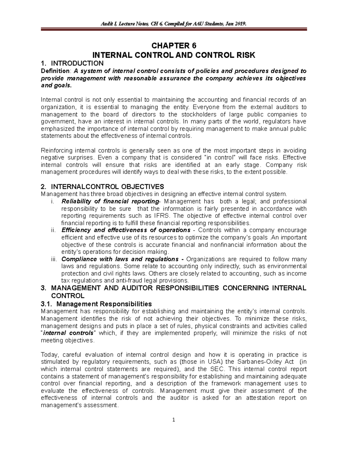 Audit chapter 6 - lecturer note - CHAPTER 6 INTERNAL CONTROL AND CONTROL RISK 1. INTRODUCTION ...