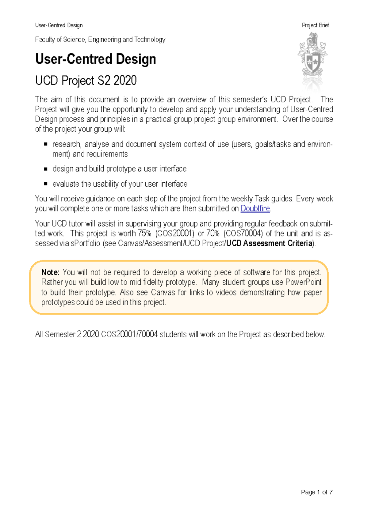 UCD Project Brief 2020 S2 - Faculty of Science, Engineering and ...