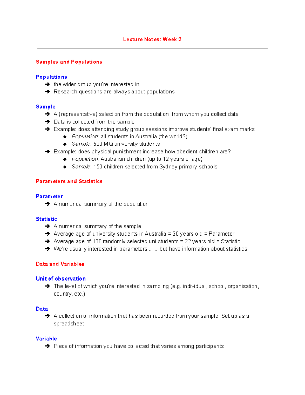 Lecture Notes stats week 2- Google Docs - Lecture Notes: Week 2 Samples ...