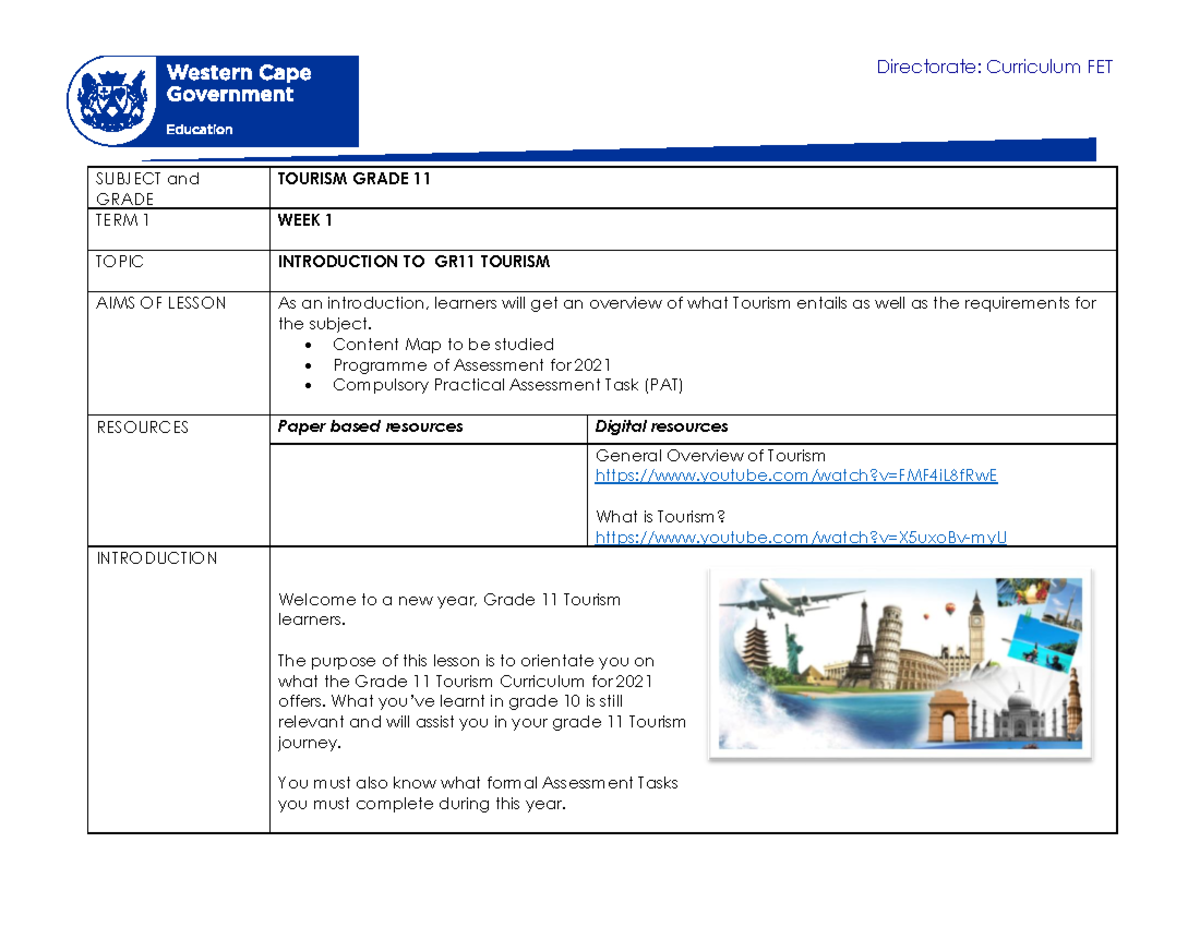 Grade 11 Term 1 Week 1 - Introduction to Tourism - SUBJECT and GRADE TOURISM GRADE 1 1 TERM 1 ...