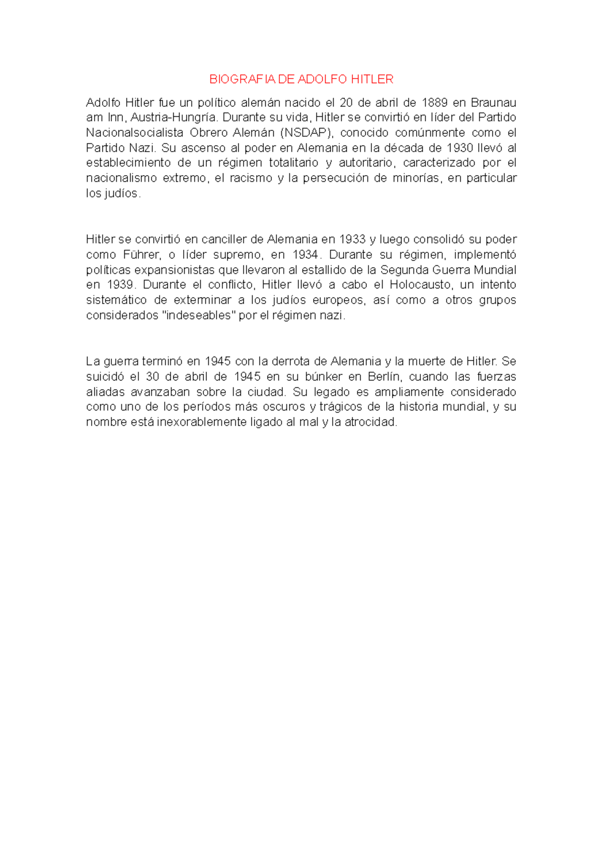 Biografia DE Adolfo Hitler - BIOGRAFIA DE ADOLFO HITLER Adolfo Hitler ...