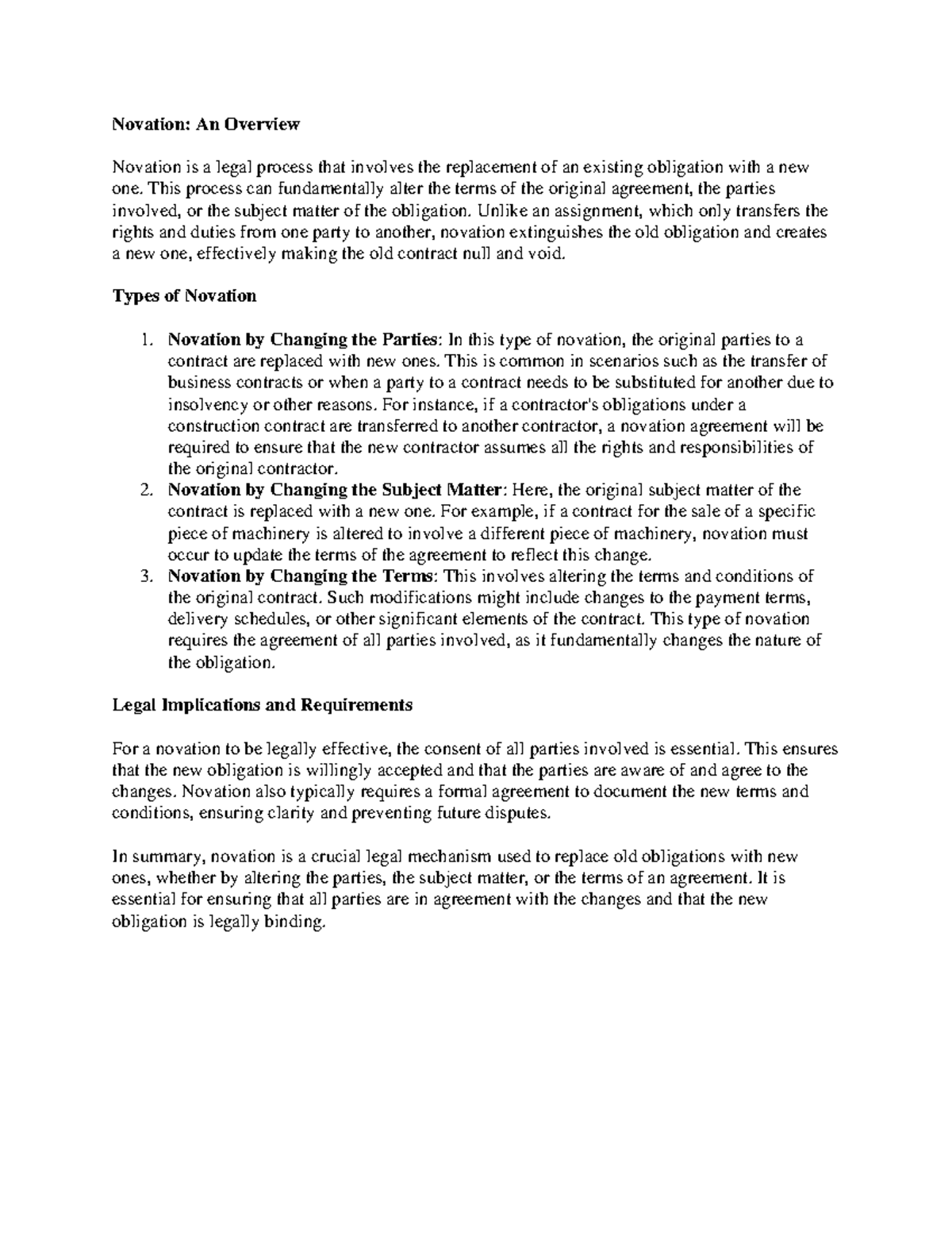 Novatio 1 - Novation: An Overview Novation is a legal process that ...