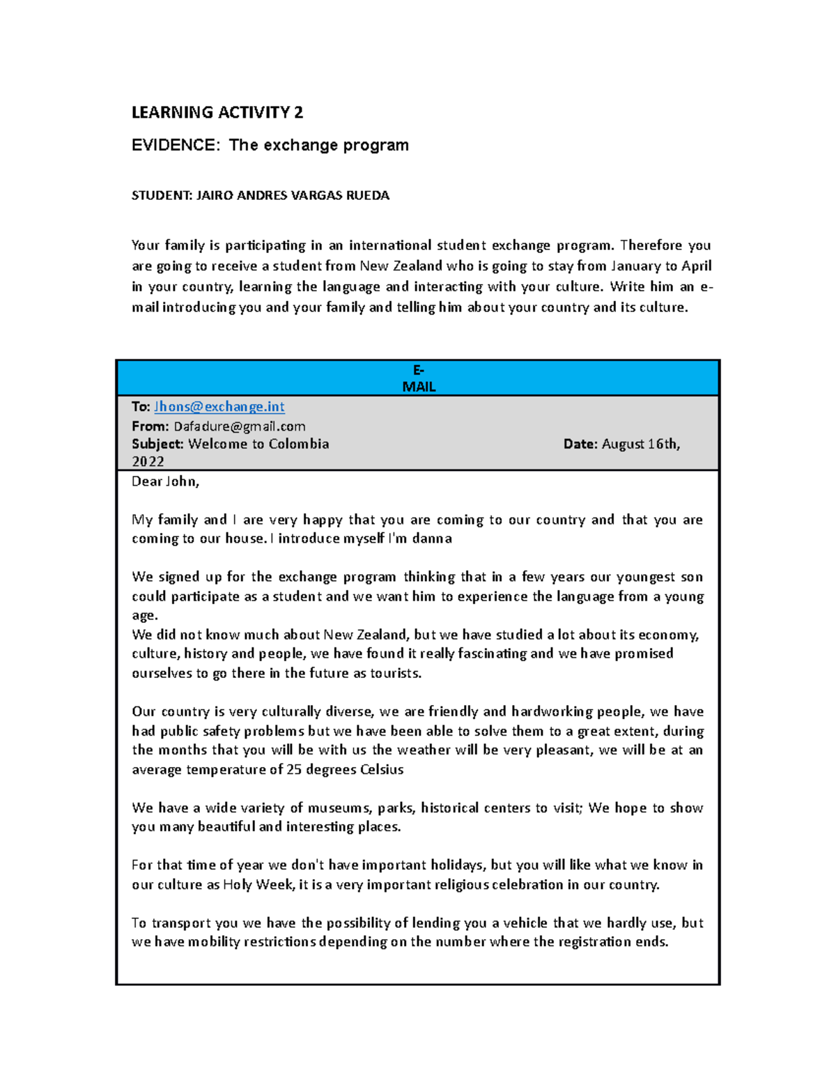 Learning Activity 2 - actividad 2 - LEARNING ACTIVITY 2 EVIDENCE: The ...