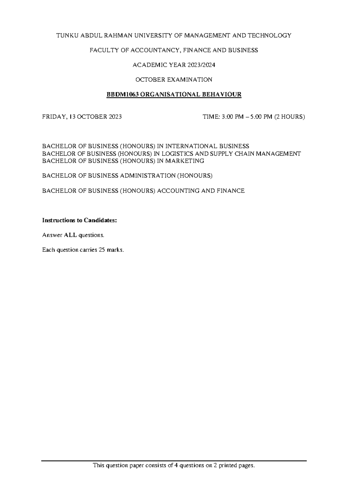 Ob Pass Year October 2023 - This question paper consists of 4 questions ...