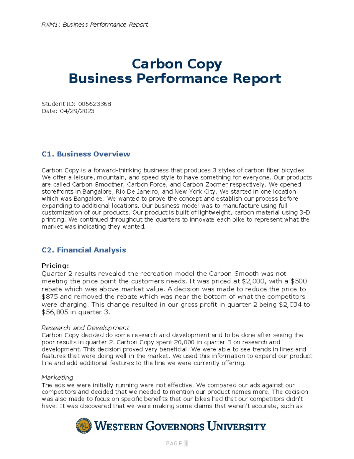 Businees Simulation task 1 - RXM1: Business Performance Report Carbon ...