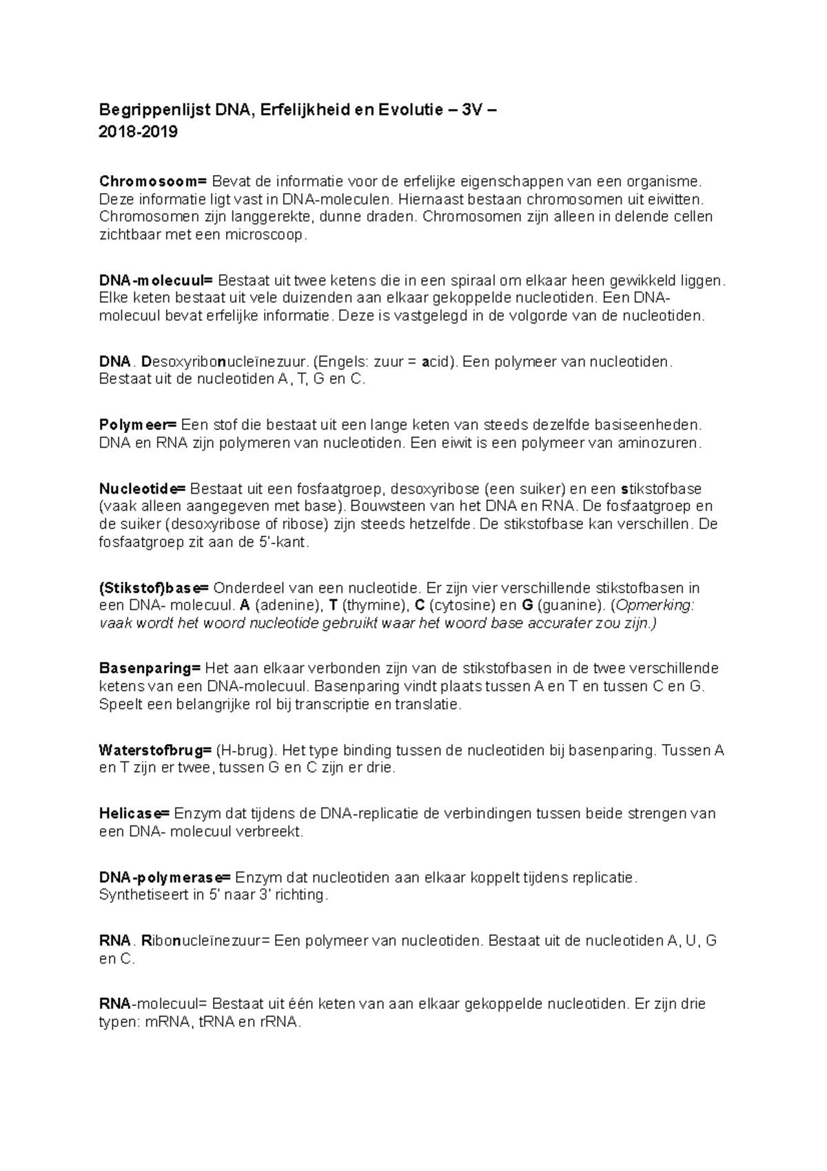 Begrippenlijst DNA, Erfelijkheid en Evolutie – 3V – 2018-2019 ...
