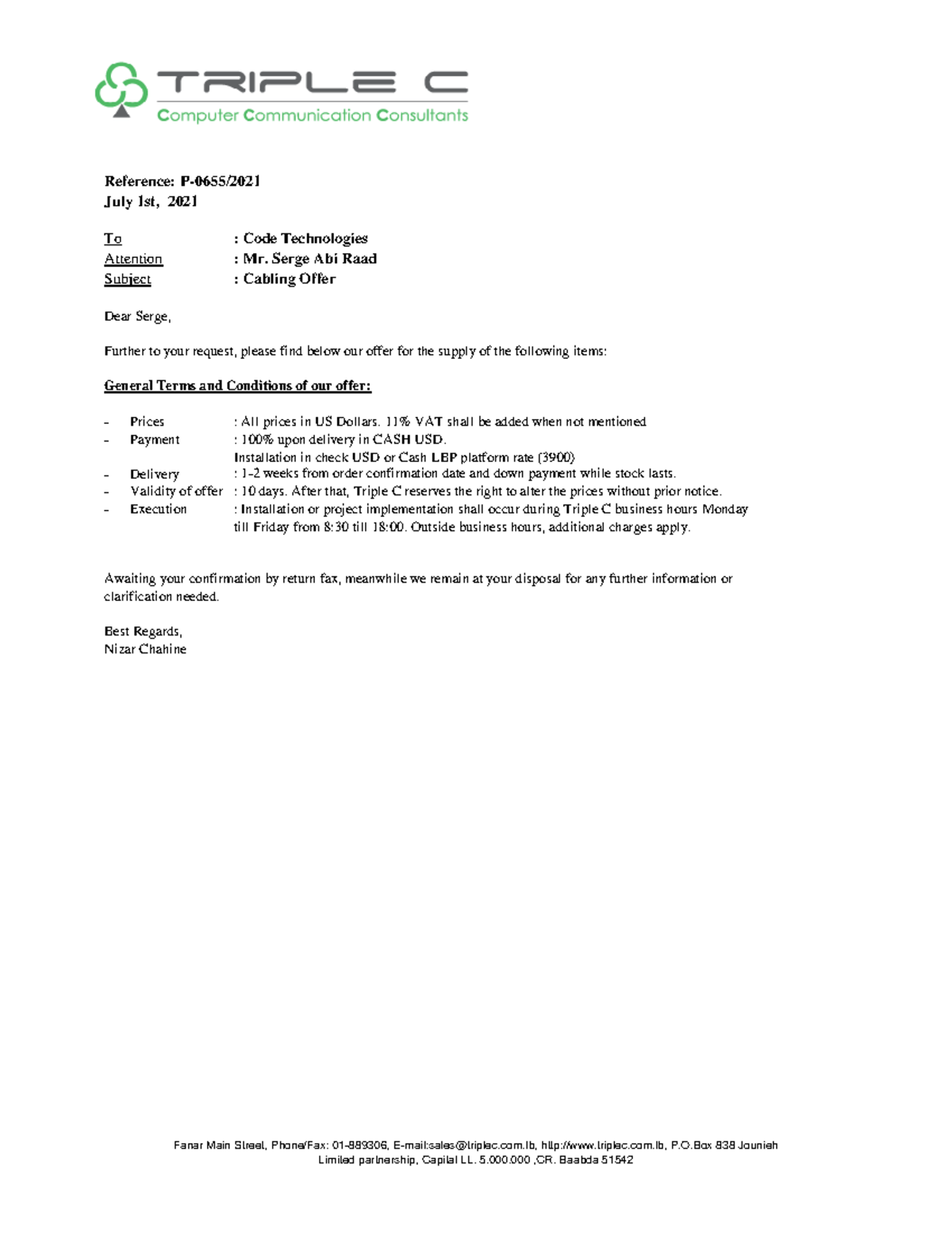 P-0655 Cabling - asdg adsg - Reference: P-0655/ July 1st, 2021 To ...