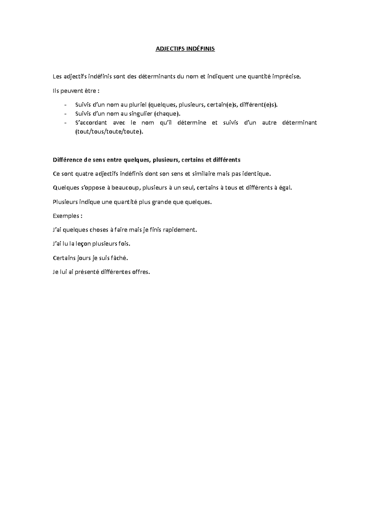 Adjectifs indéfinis - resumen tema 1 - ADJECTIFS INDÉFINIS Les ...