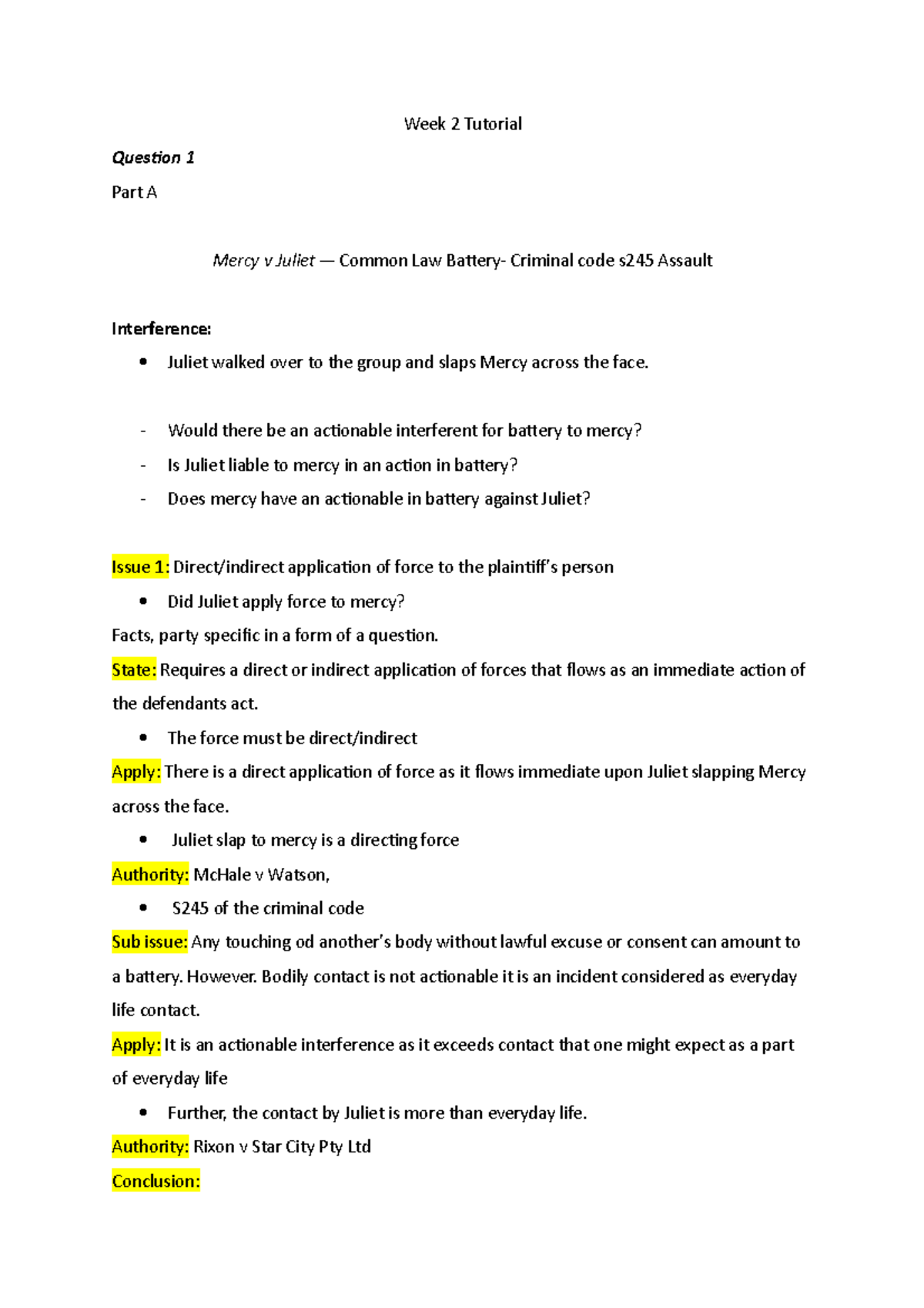 Week 2 Tutorial - Week 2 Tutorial Question 1 Part A Mercy v Juliet –- Common Law Battery ...