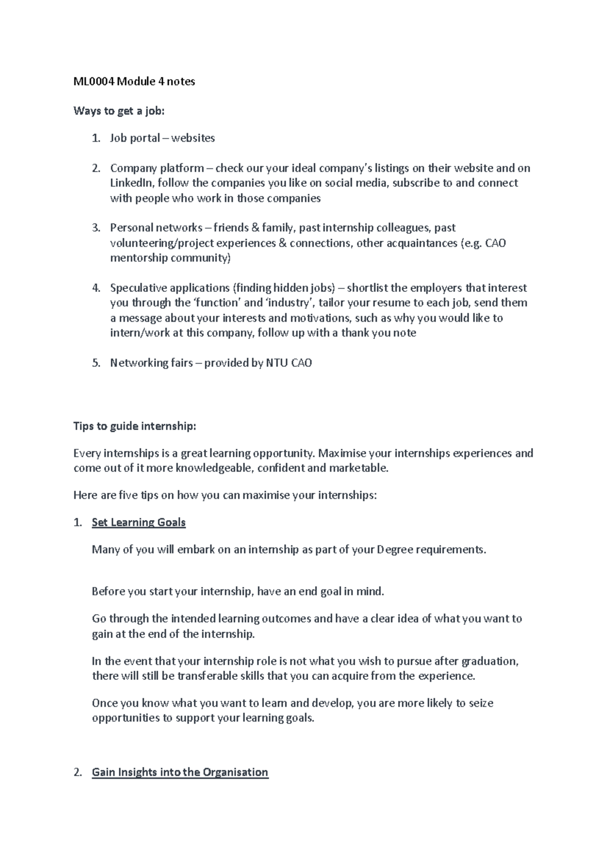 ML0004 notes module 4 - ML0004 Module 4 notes Ways to get a job: 1. Job ...