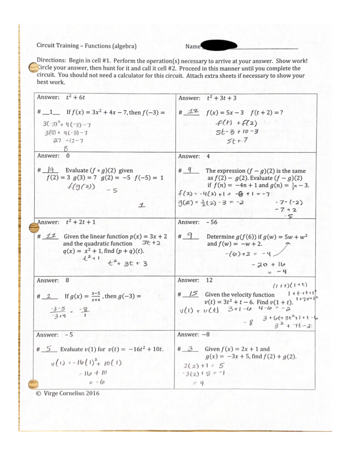 Circuit Training - Functions (algebra) 2 - Show work! Circle your ...