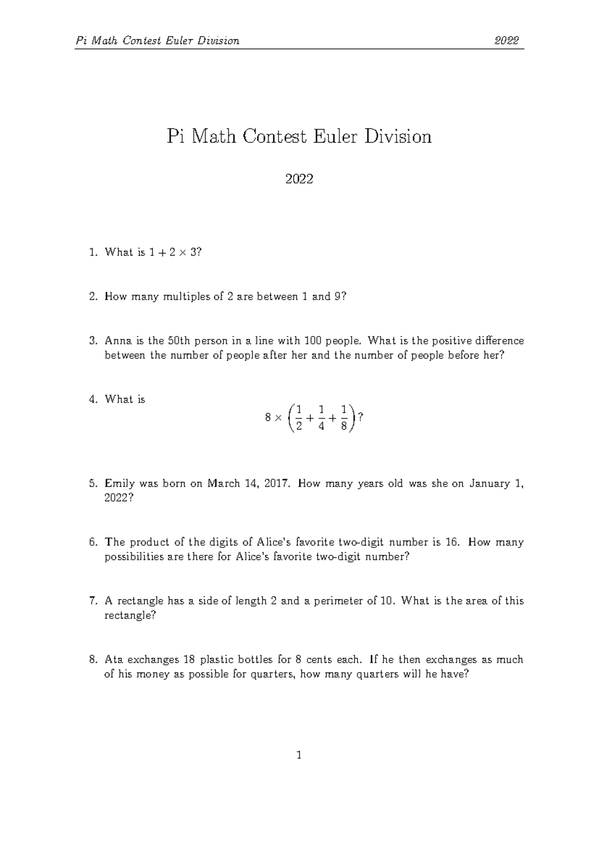 2022 Pi MC Euler Exams - act - Pi Math Contest Euler Division 2022 What ...